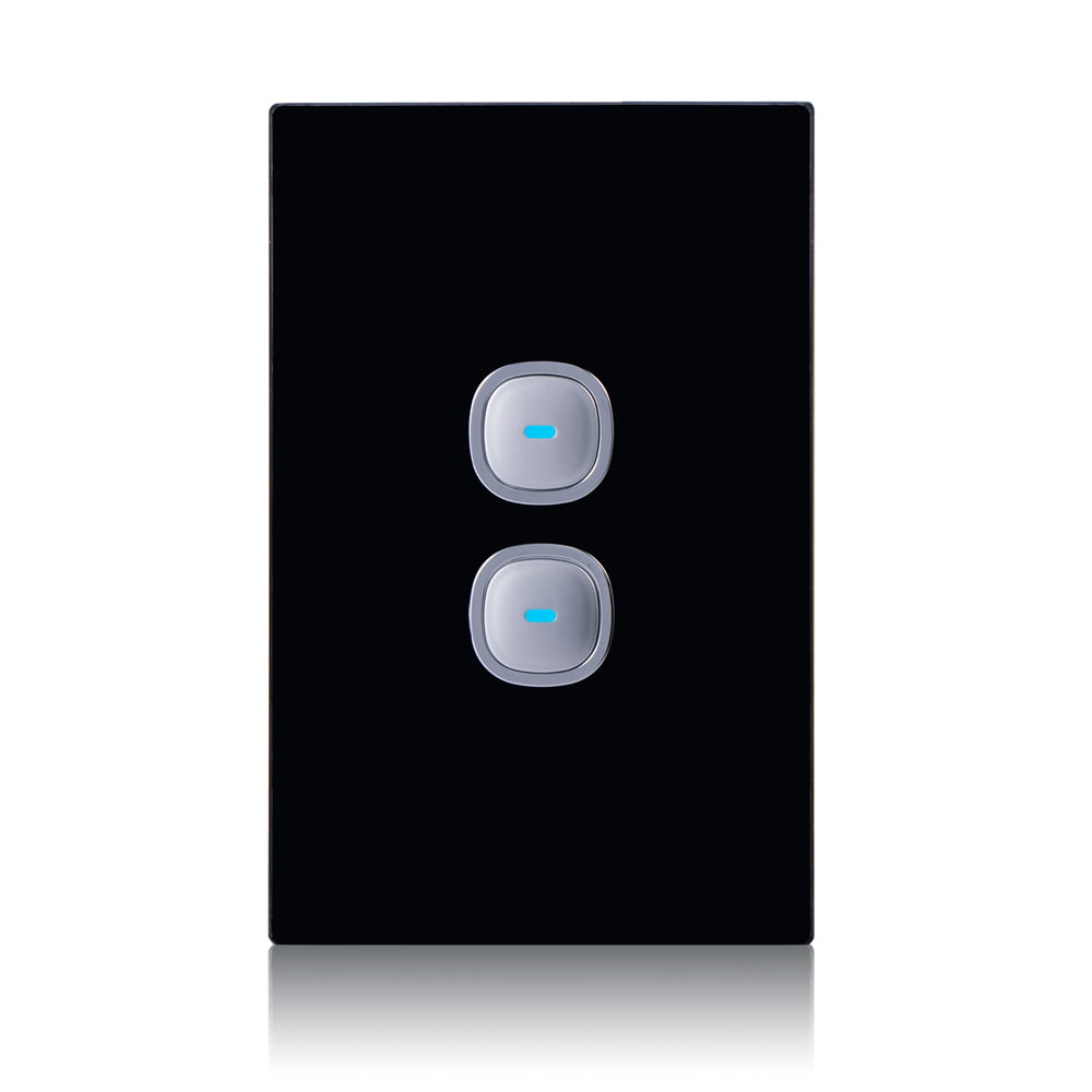 Glass Two Gang Switch With Built-In LED Push Button Black - S2G/B