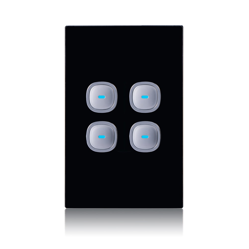 Glass Four Gang Switch With Built-In LED Push Button Black - S4G/B