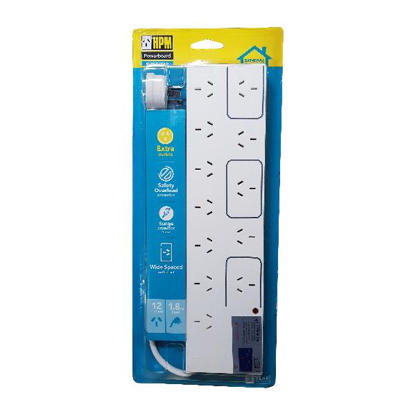 HPM General Purpose 12 Outlet 175J Surge Protected Powerboard White ...