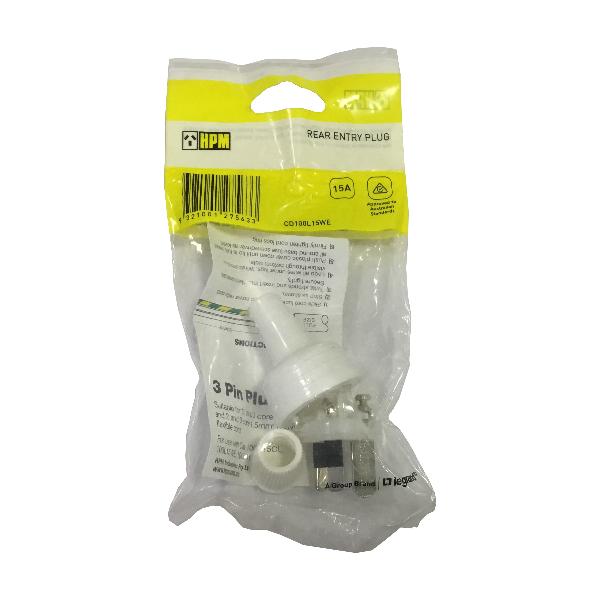 HPM 15A 3 Pin Plug Top with Cord Locking Nut White - CD100L15WE